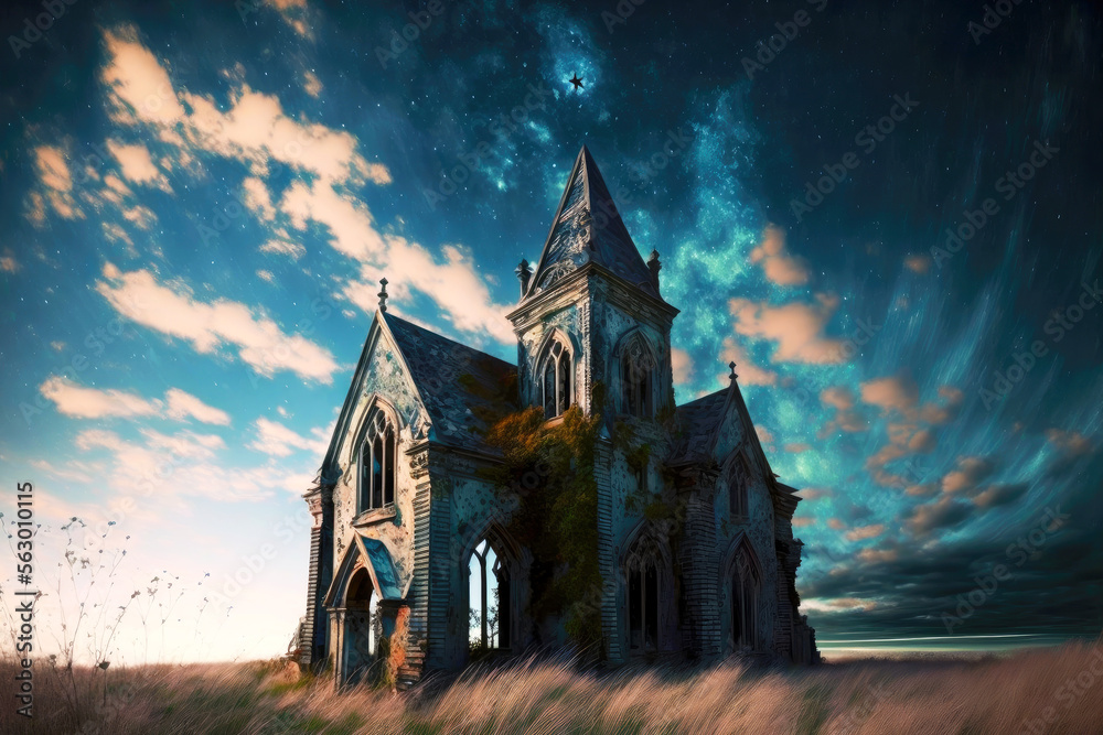 Crumbling wooden abandoned church in field under gloomy sky and Star of ...
