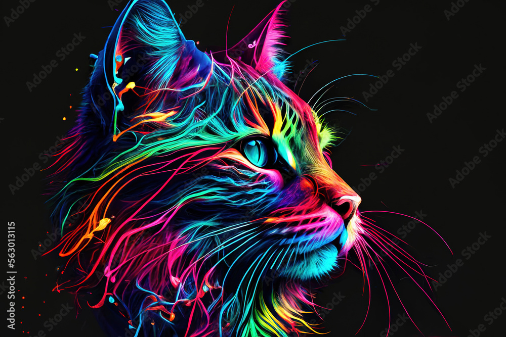 An abstract illustration of a neon cat depicts a feline rendered in ...