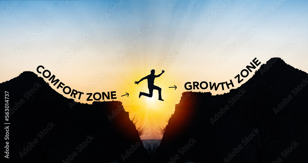 Man jumping from comfort zone to growth zone. Success and change ...