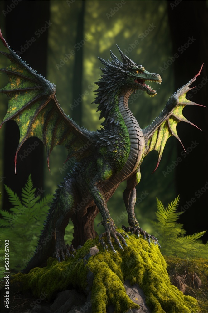 Fantasy green dragon in the forest. Generative ai. Stock Illustration | Adobe Stock