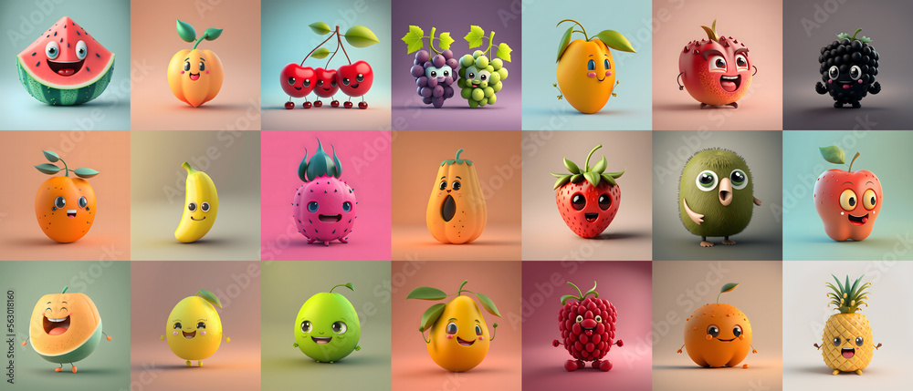 Happy Fruits, Cute Cartoon 3D Collection, Simple Background ...