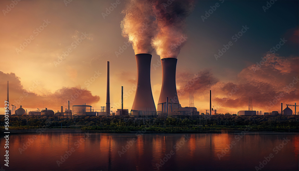 Nuclear power plant complex with two cooling towers near reservoir and ...