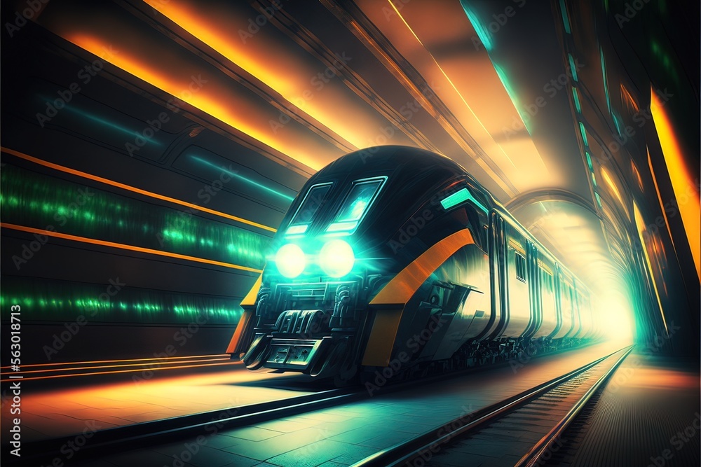 A modern futuristic train rides at speed in a neon light tunnel. Night ...