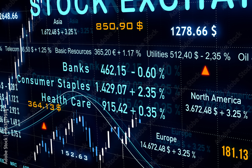 Screen with stock exchange information, charts and sector indexes ...