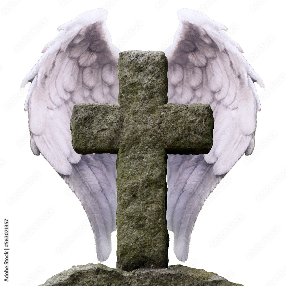 Old masonry cross with a pair of white angel wings behind transparent ...