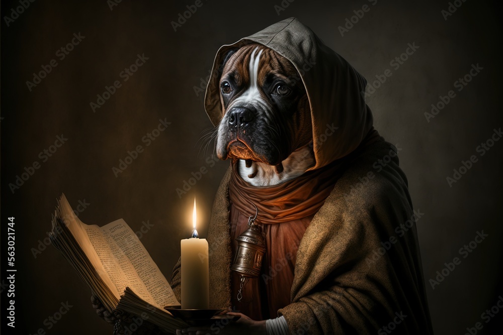 Dog as Medieval priest or monk cartoon character, with book and candle ...