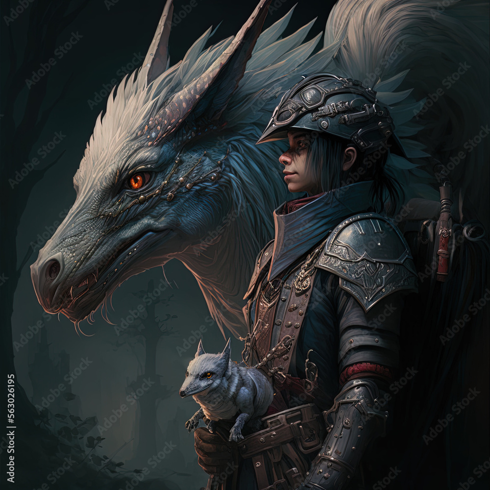 Rider with his dragon, game board and role playing game style. Fantasy ...