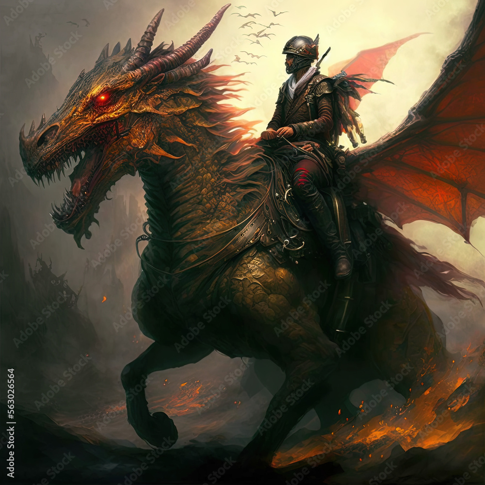 Rider with his dragon, game board and role playing game style. Fantasy ...