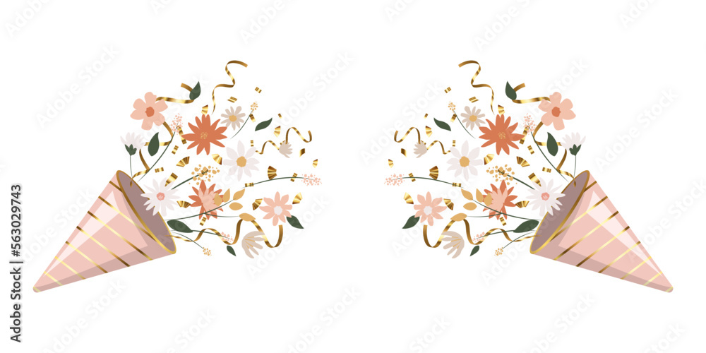 Exploding pink gold party popper with flower bouquet and confetti and ...
