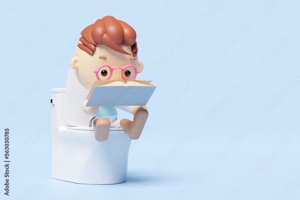 3d cartoon boy character sitting on the toilet in the bathroom reading ...