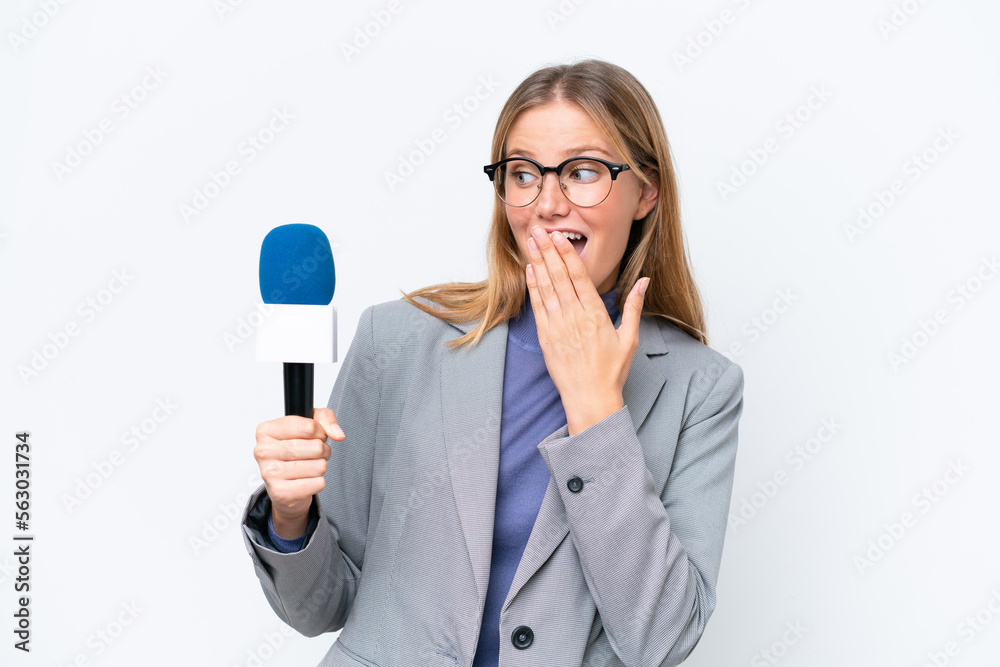 Young TV presenter caucasian woman isolated on white background with ...