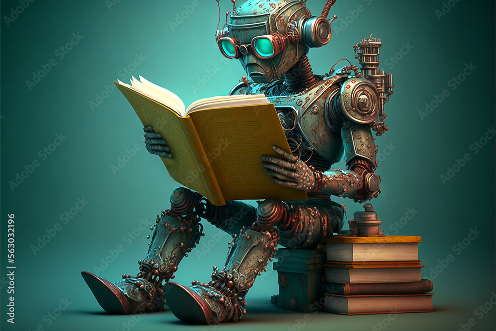 Machine learning, artificial intelligence. Robot reading a book and ...