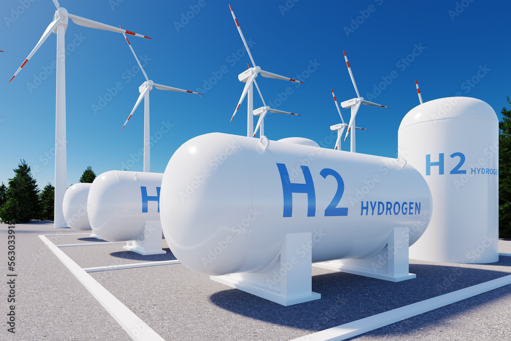 h2 hydrogen tank and wind power turbines, 3d rendering Stock ...