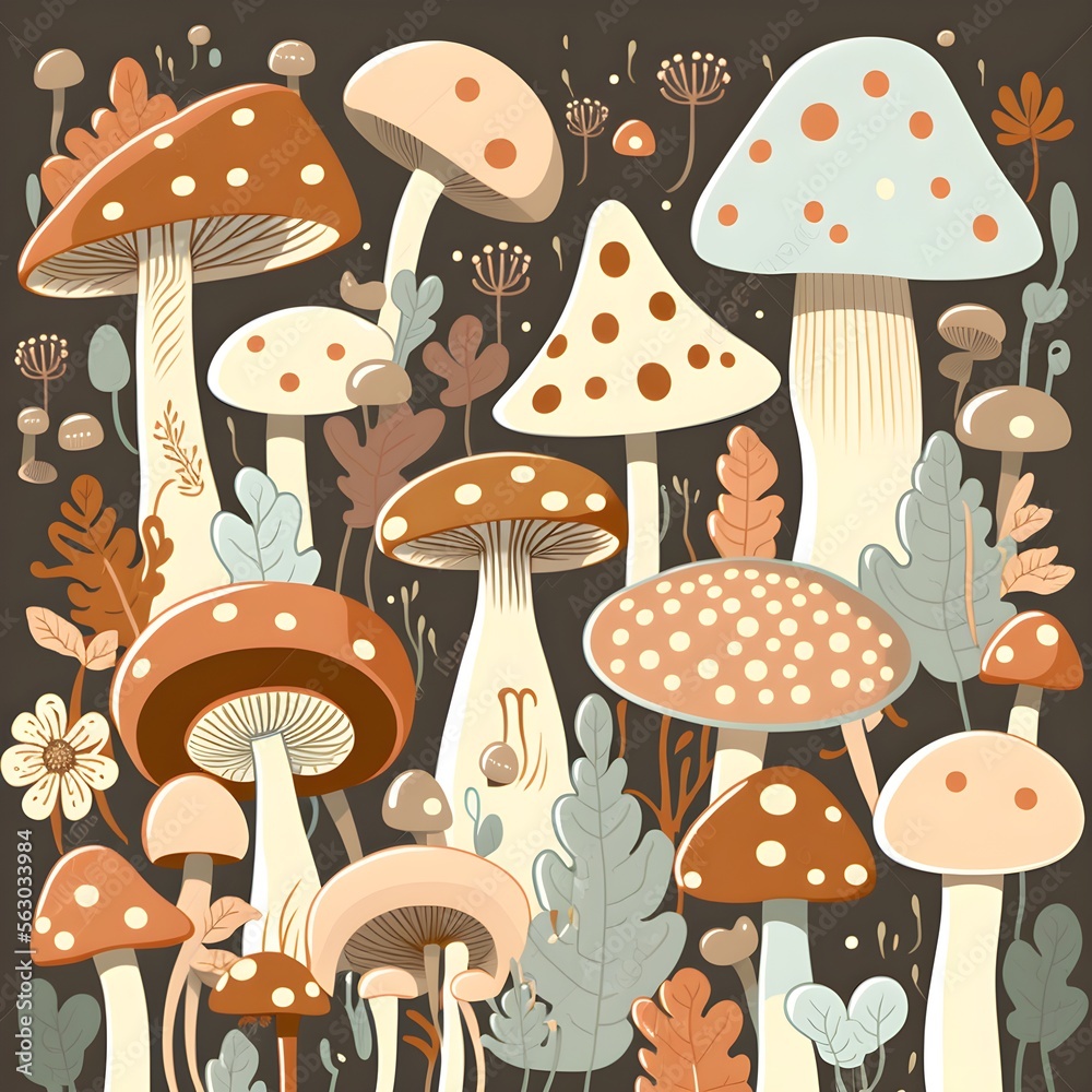 seamless tile pattern of mushrooms in muted colours in a hand crafted ...