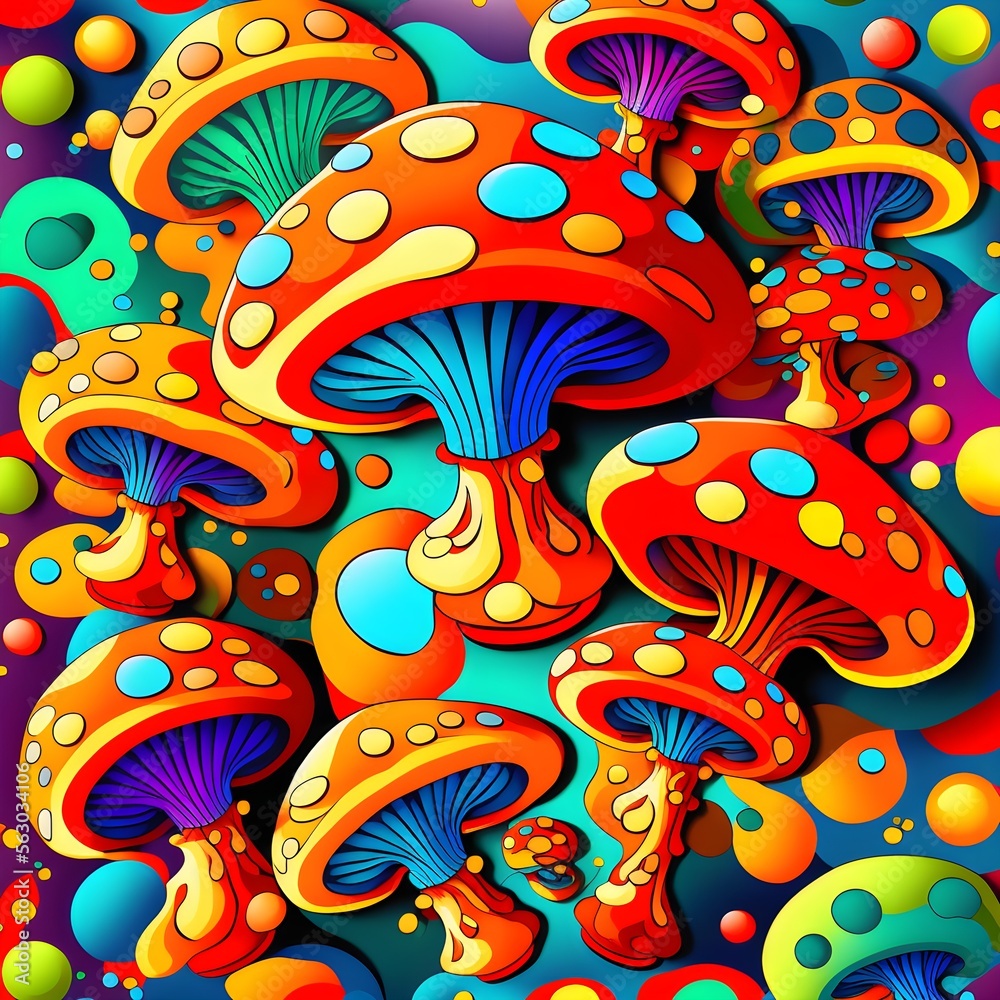 seamless tile pattern of mushrooms in vibrant colors in a hand crafted ...