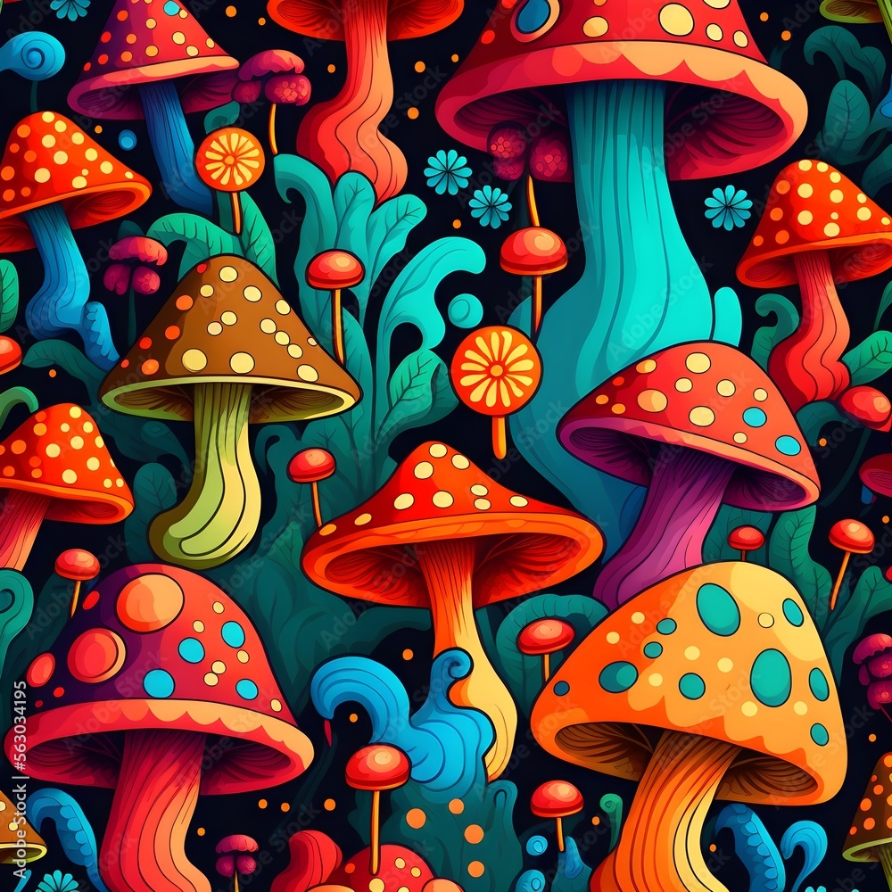 seamless tile pattern of mushrooms in vibrant colors in a hand crafted ...