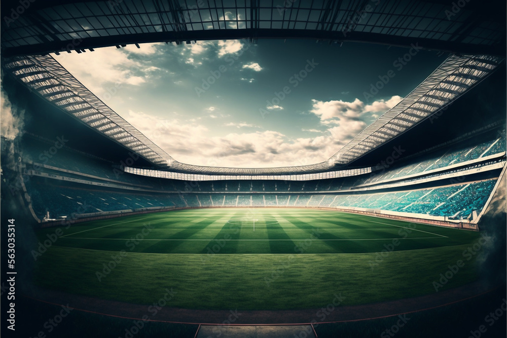 Soccer field inside large stadium, green grass, generative ai Stock ...