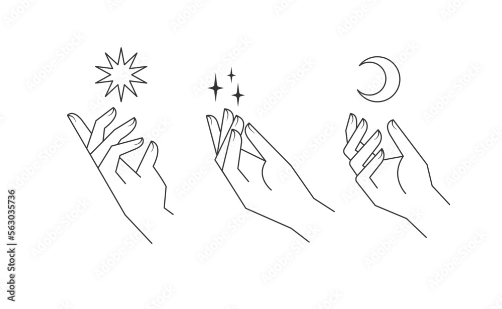 Aesthetic hands vector linear illustrations. Stylized elegant hand ...