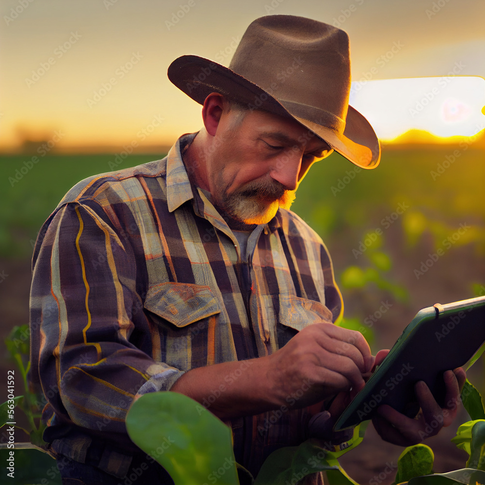 Non-existent person in generative, farmer using tablet computer over ...