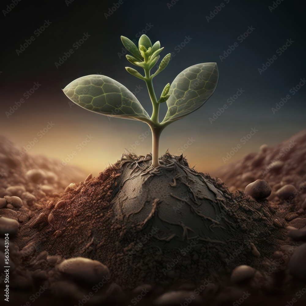 Plant sprout seedling growing out from fertile brown soil on a dark sky ...