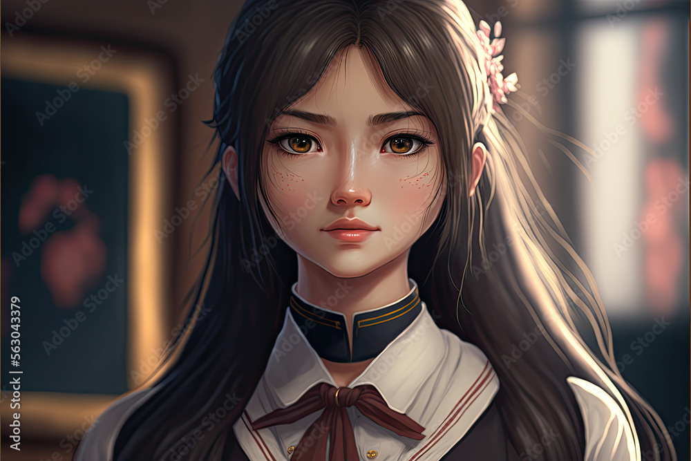 Illustration of a very beatiful chinese anime schoolgirl with brown ...