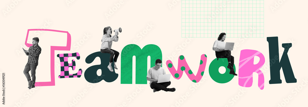 Contemporary art collage. Motivated and concentrated employees sitting ...