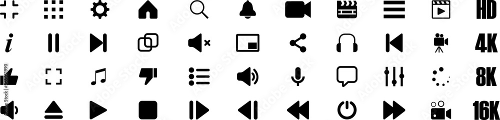 Collection of multimedia symbols and audio, music speaker volume icons ...