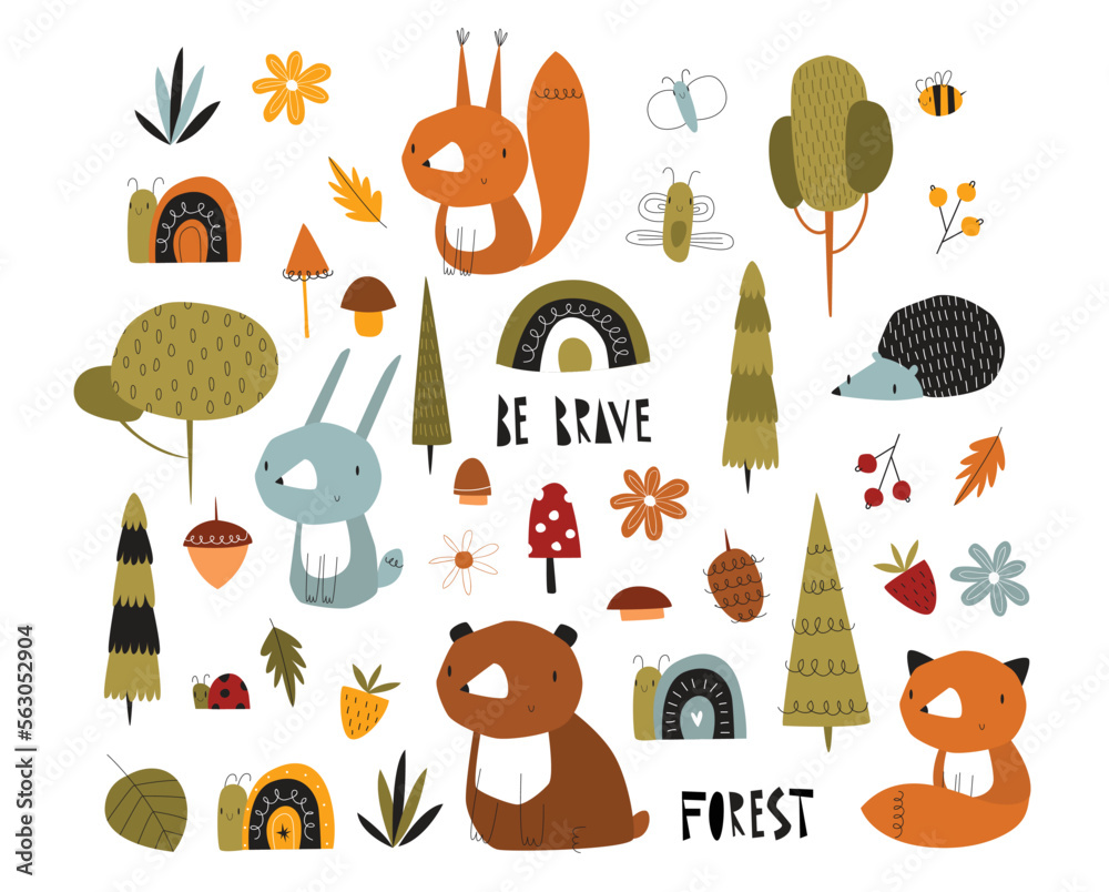 Print. Big vector forest set. Cute cartoon animals, forest plants ...