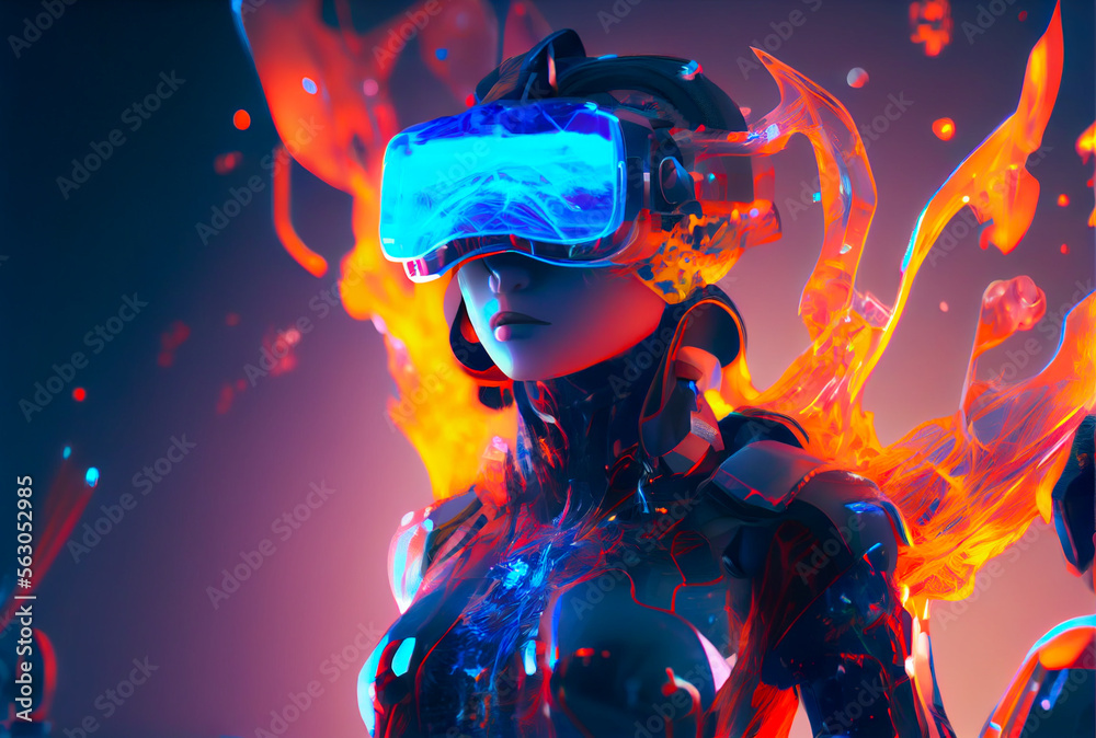 3d character style nft collection with VR goggles immersed in backlit ...