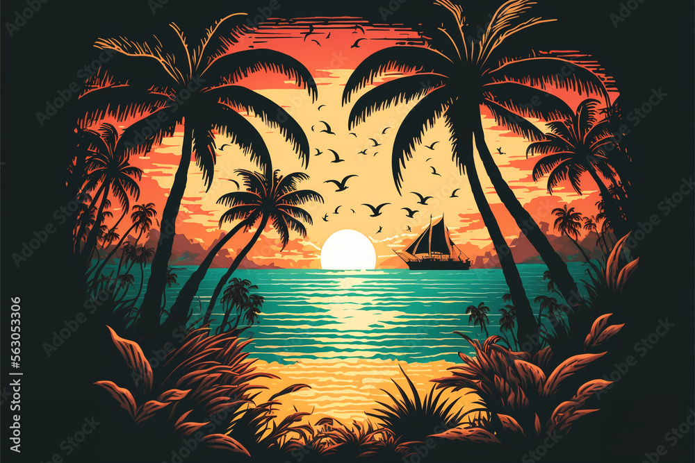 80's or 90's retro sunset landscape, Evening on the beach with palm ...
