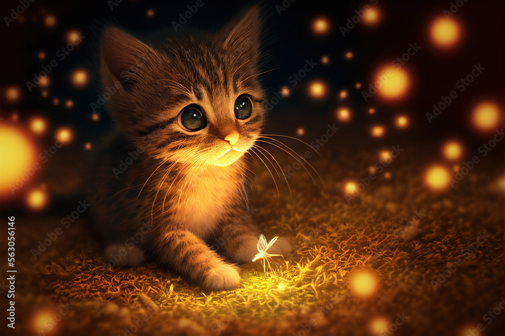Cute little kitten curiously watching the fireflies. cat on black ...