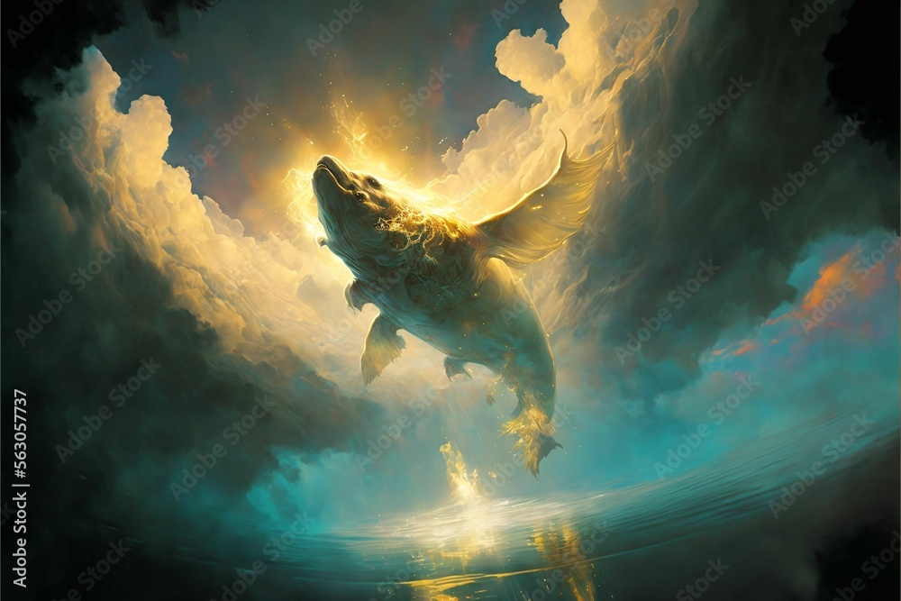 Fantasy creature diving into a lake from a sky with clouds with a ...