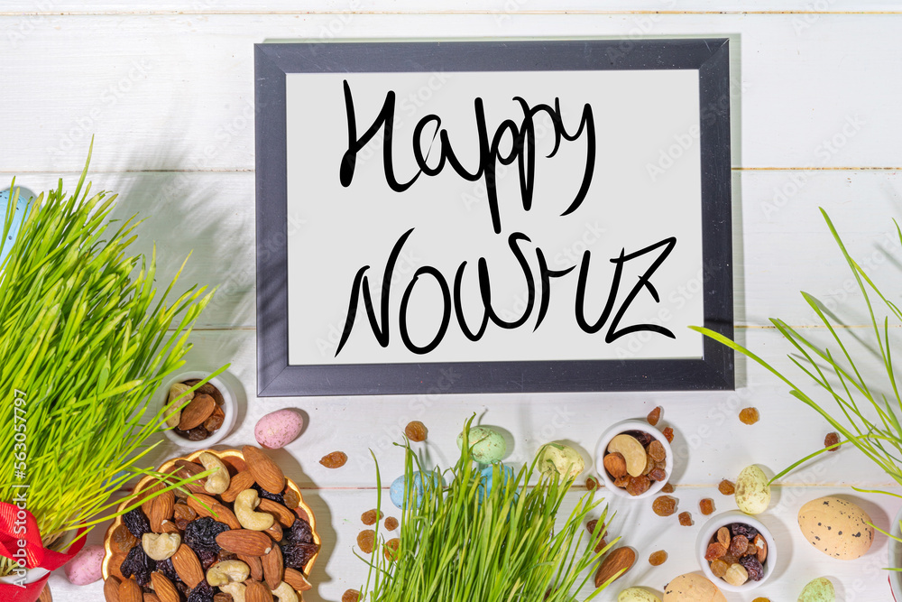 Happy Nowruz holiday background. Celebrating Nowruz new year sweets and ...
