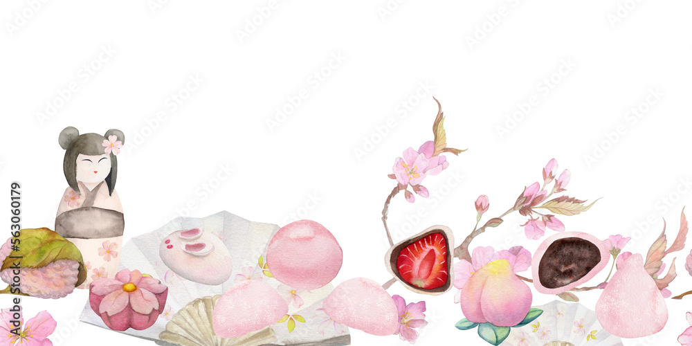 Watercolor hand drawn traditional Japanese sweets Wide seamless border ...