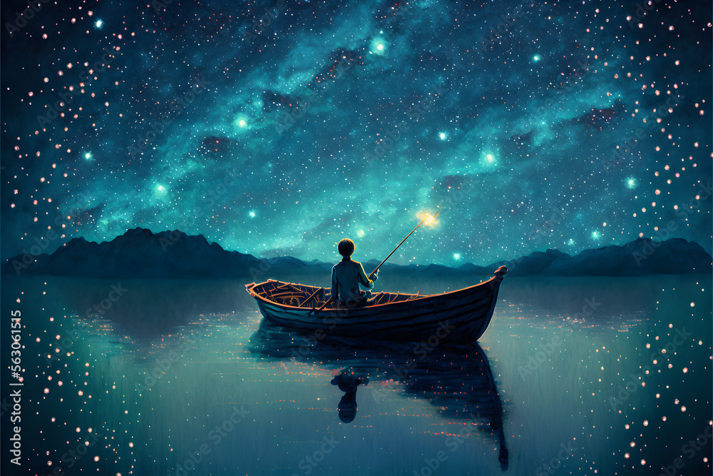boy rowing a boat in the sea of the starry night, digital art style ...