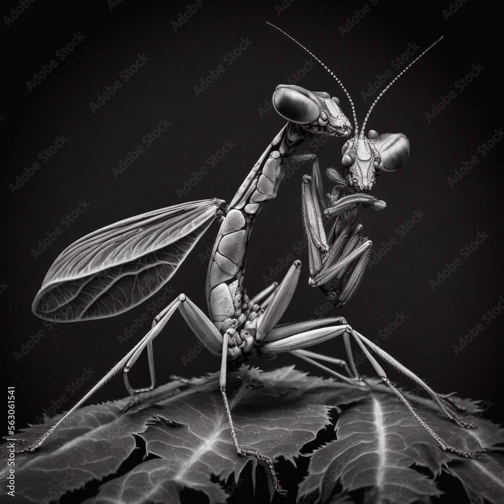 female praying mantis holding the head of a male praying mantis in her ...