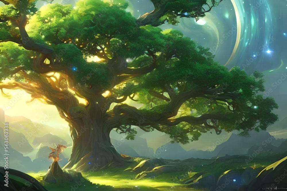 Magical Tree Under a Starry Night Sky in a Fantasy World Stock ...