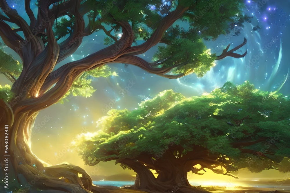 Magical Tree Under a Starry Night Sky in a Fantasy World Stock ...