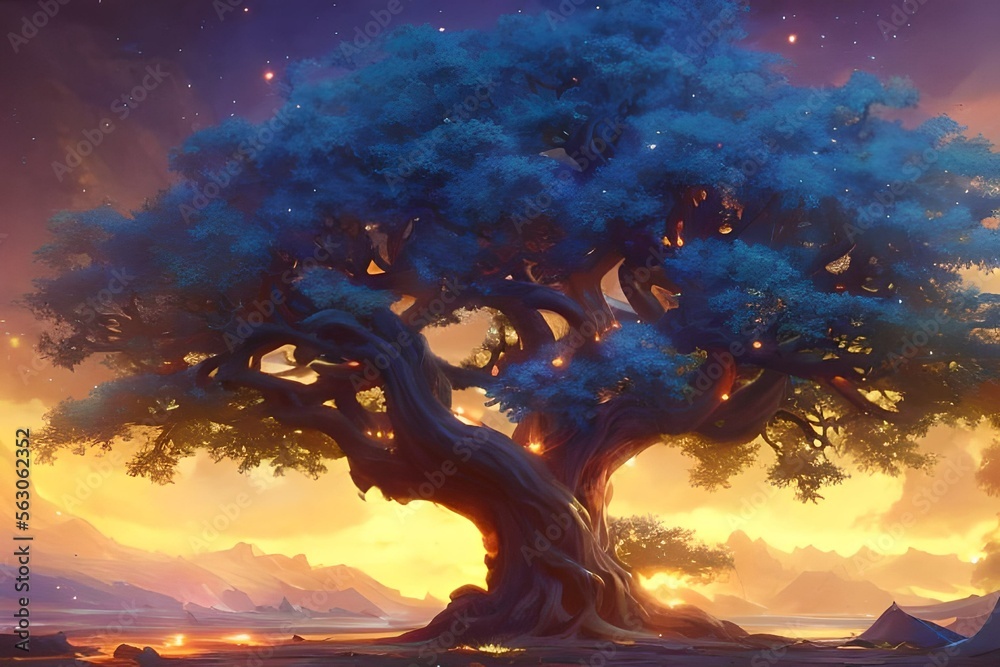 Magical Tree Under a Starry Night Sky in a Fantasy World Stock ...