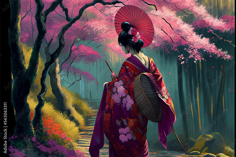 Geisha taking a walk in the cherry blossom forest. Ai Generated Stock ...