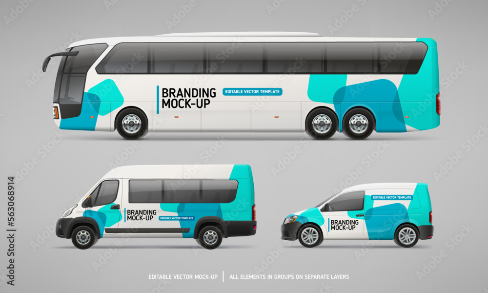 Travel Coach Bus, Company Van and Delivery Car vector Mockup set ...