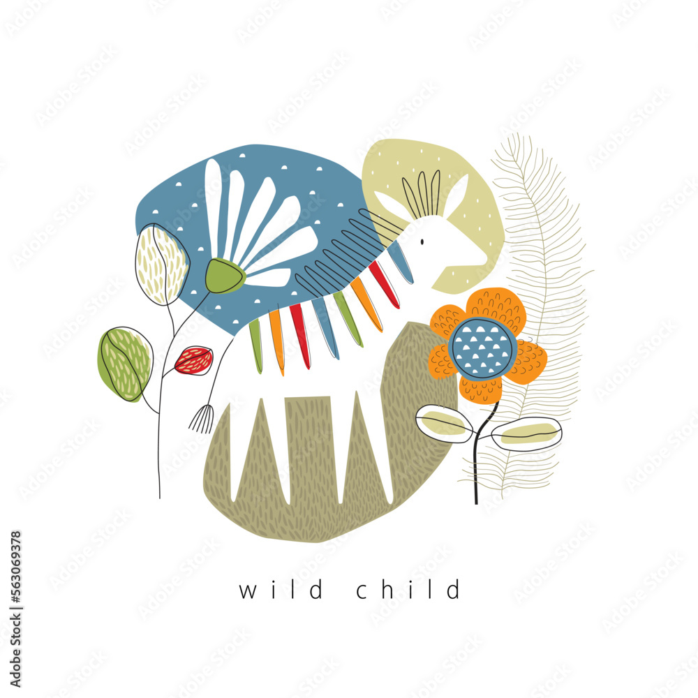 Vetor de Wild child vector poster with stylized zebra and plants ...