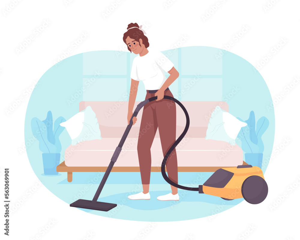 Living room cleaning routine 2D vector isolated illustration. Woman ...