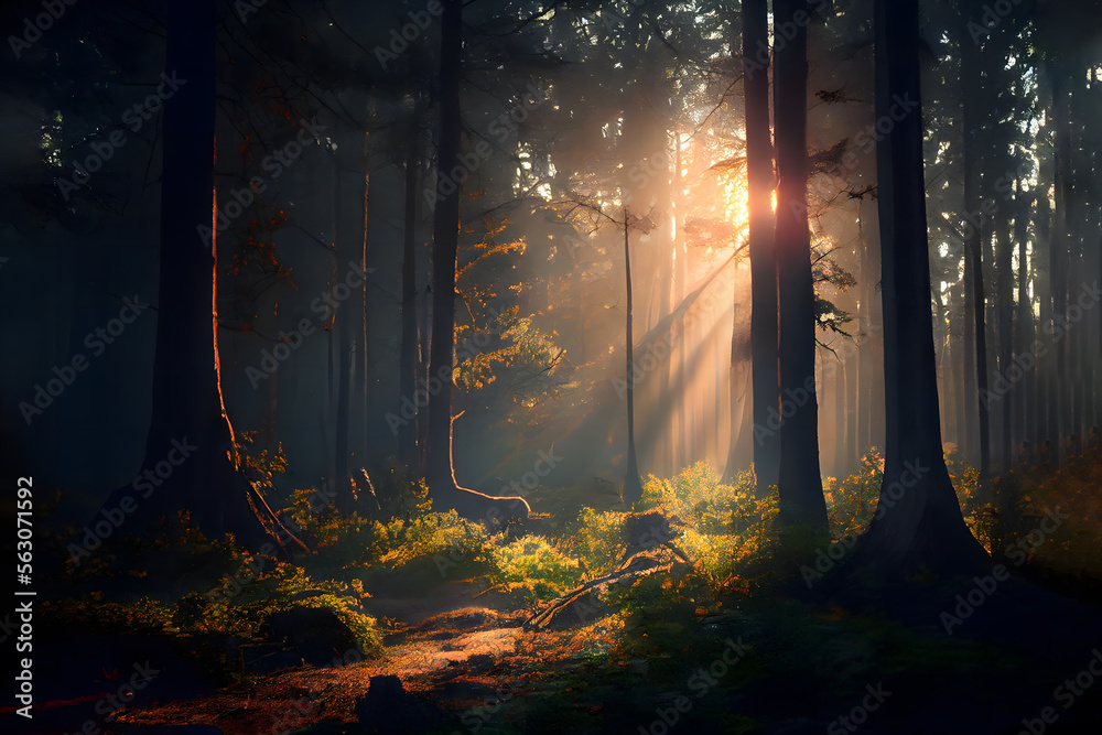 Beautiful nature woodland scene and sun rays hitting the dark trees ...