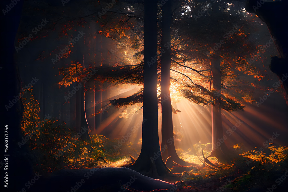 Beautiful nature woodland scene and sun rays hitting the dark trees ...