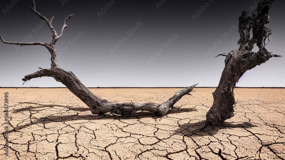 Land with arid soil dying trees and cracked soil desert global warming ...