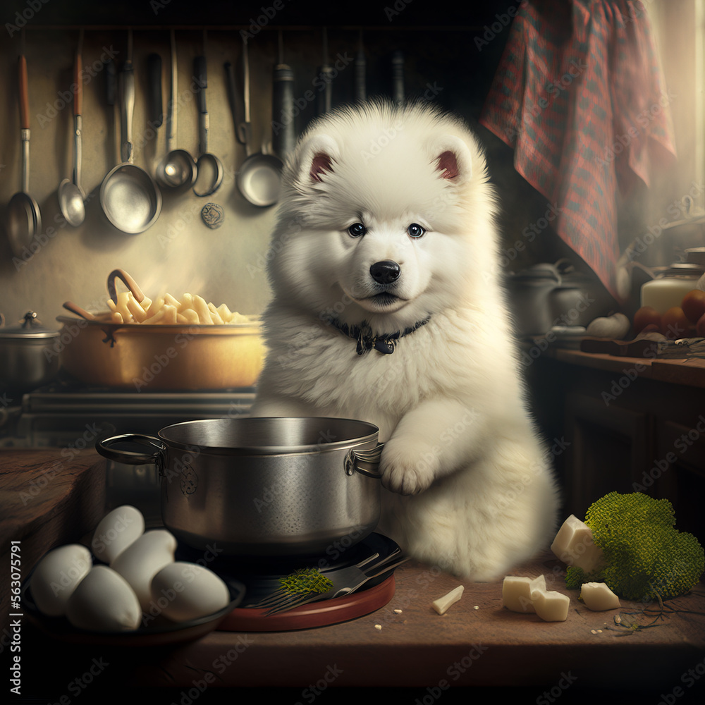 Samoyed white puppy, beautiful little ball of fur cooking and helping ...