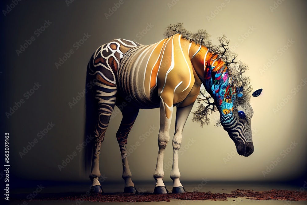 Fantastic zebra painted in different colors with trees on its head. Created with Generative AI ...
