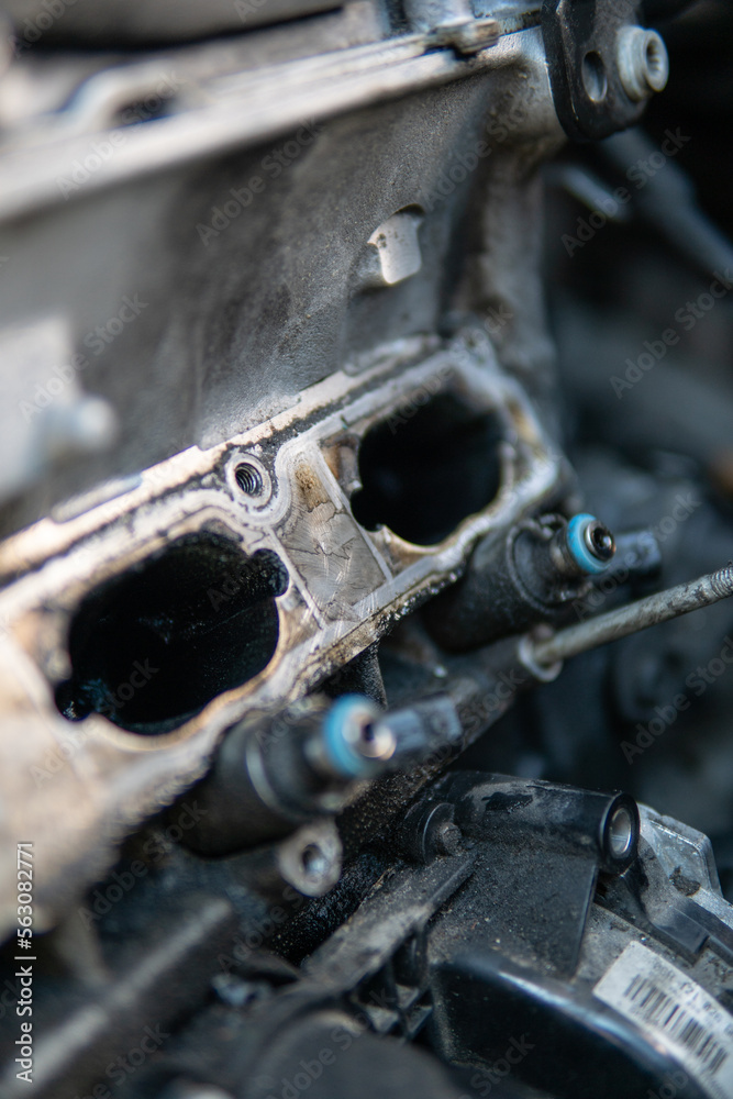Dirty intake manifold. dirty engine Intake car engine Close up manifold ...
