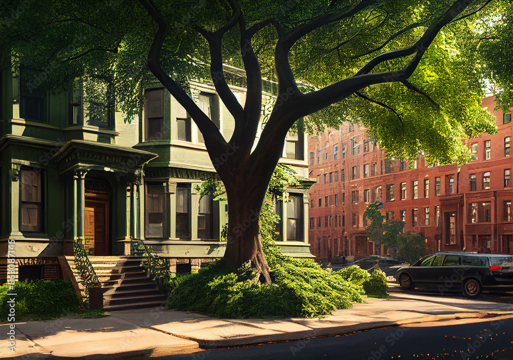 Sun Shining Down On A Beautiful Street In New York Old Tree With